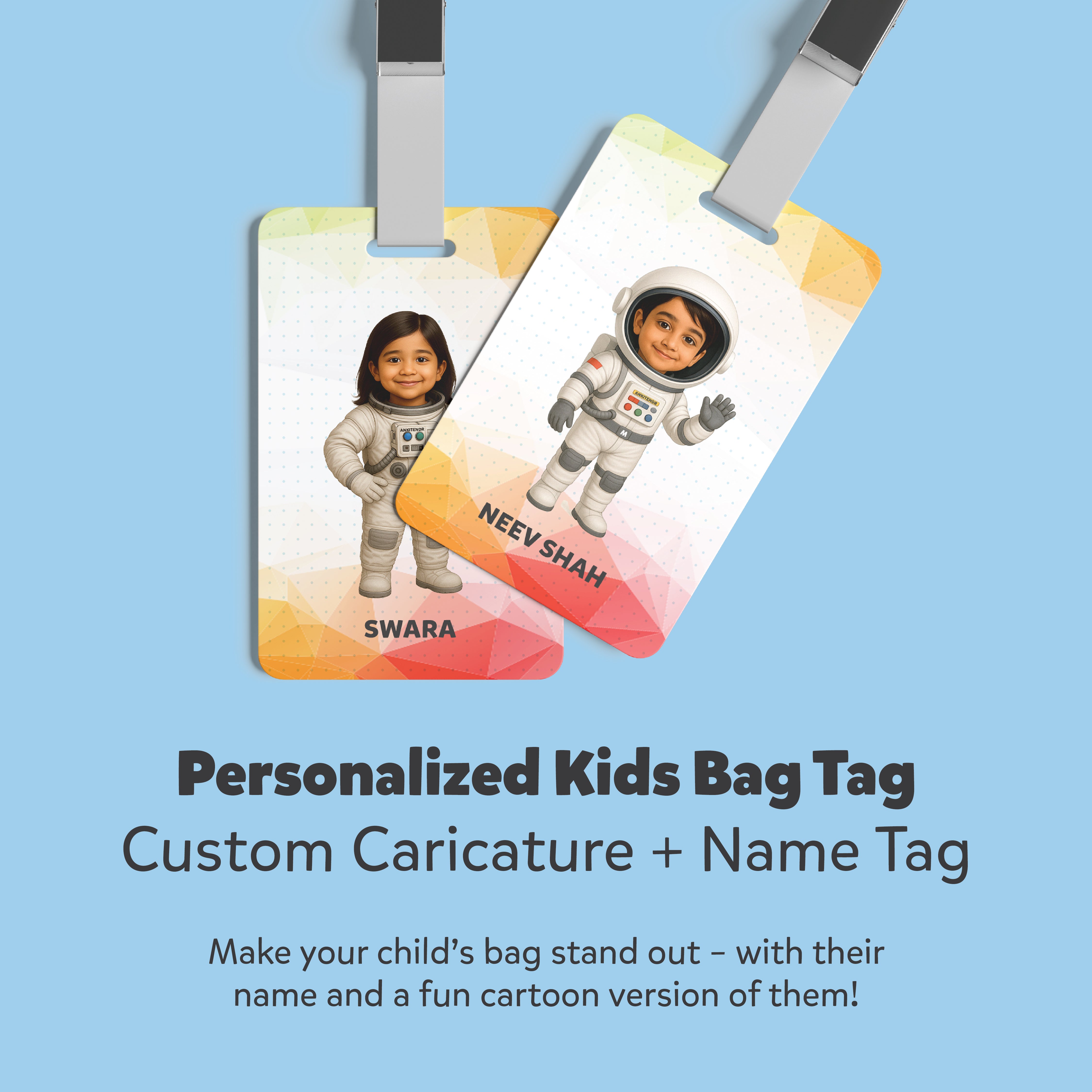 Personalized Kids Bag Tag – Custom Caricature + Name Tag – Nijikart.com